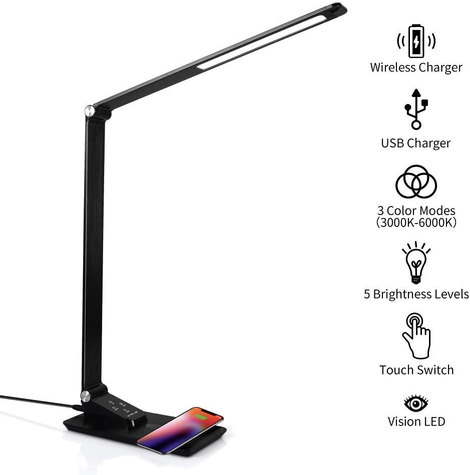 Wireless Charging Lamp &USB Charging Port,Adjustable Eye-Friendly Table ...