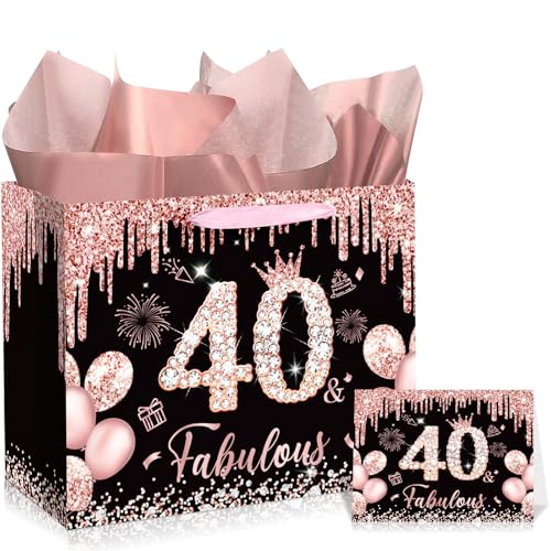 ROCKY&CHAO Black Rose Gold 40 & Fabulous 40th Birthday Gift Bag for ...