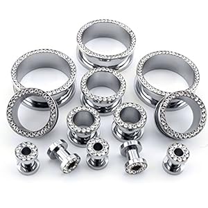 Amazon.com: Pair of 00 Gauge (00G - 10mm) Stainless Steel CZ Bling Ear ...