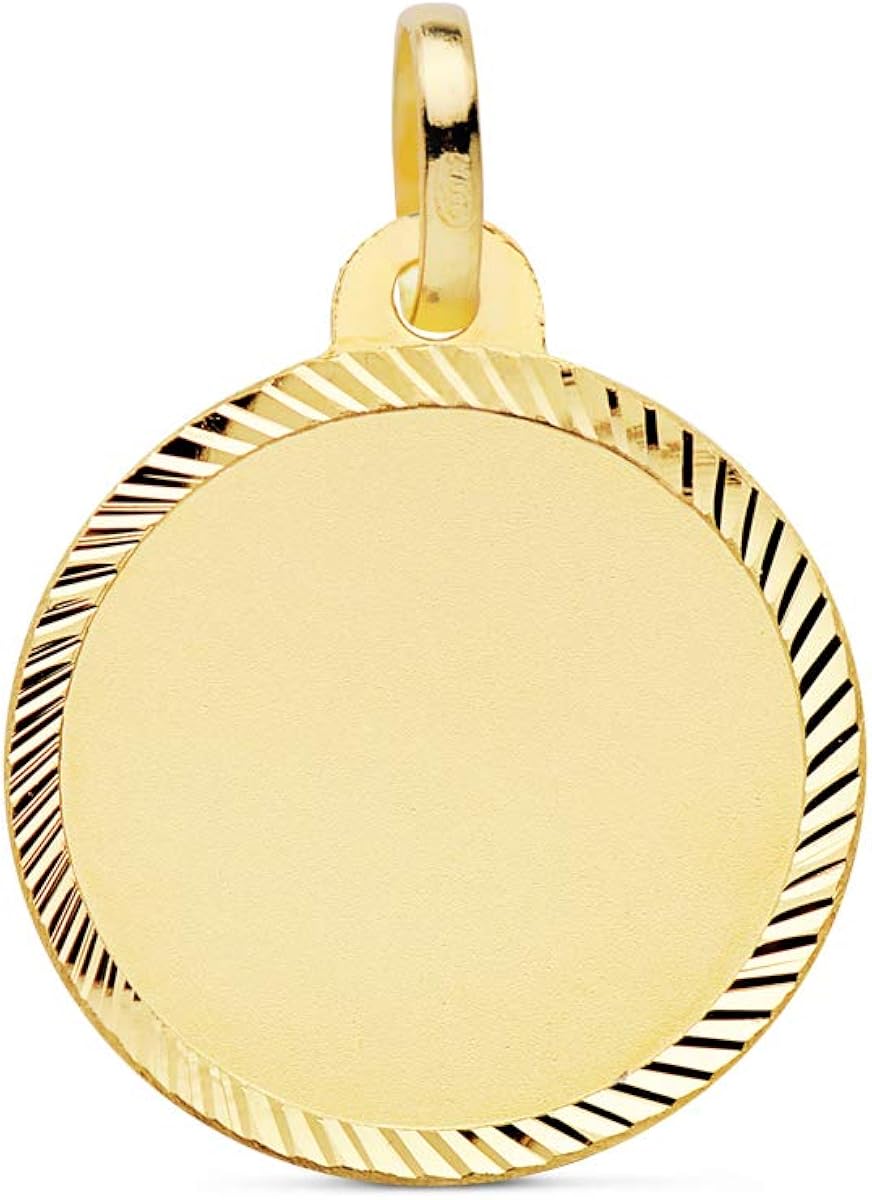 Ciondolo a piastrina rotonda in oro 18 carati, 18 mm, con incisione ...