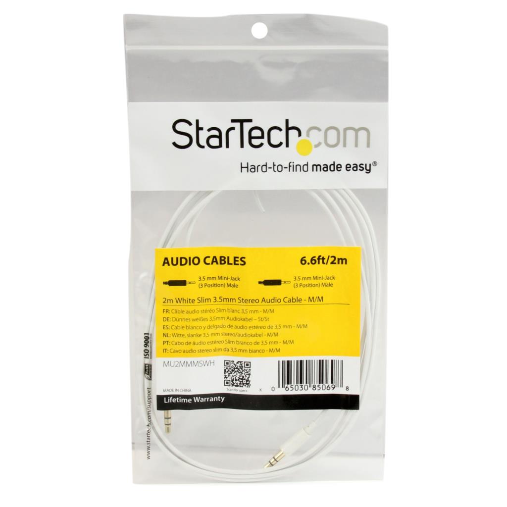 StarTech.com 2m White Slim 3.5mm Stereo Audio Cable - 3.5mm Audio Aux ...