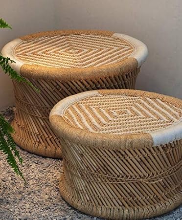 Handmakers ! Natural Bamboo Mudda Stool with Beige and White (12x16 ...