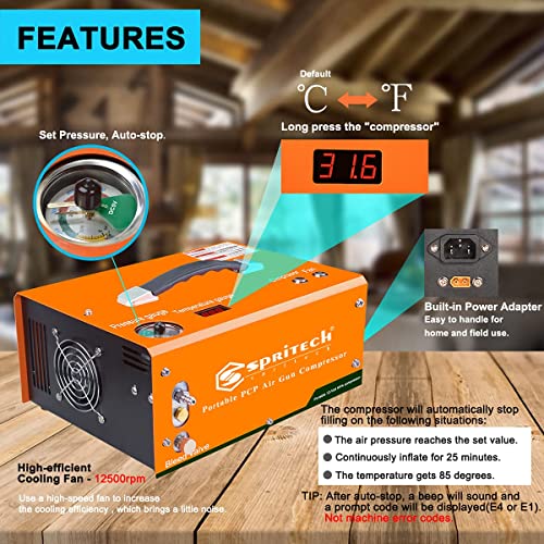 Spritech PCP Air Compressor,Auto-shutoff 4500Psi/30Mpa Oil/Water-Free ...