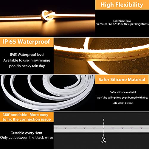 Lamomo LED Neon Rope Lights, 16.4ft/5m Warm White Neon Light Strip,12V Flexible Waterproof LED ...
