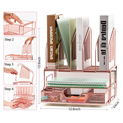 Beiz Rose Gold Desk Organizer with Storage Drawer, 2 Paper Tray & 5 ...