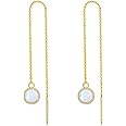 Amazon.com: Pull Through Earrings 14K Solid Gold Threader Earrings For Women Dainty Birthstone ...