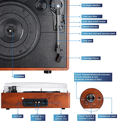 Vinyl Record Player Bluetooth Turntable 3 Speed Vintage LP Record ...