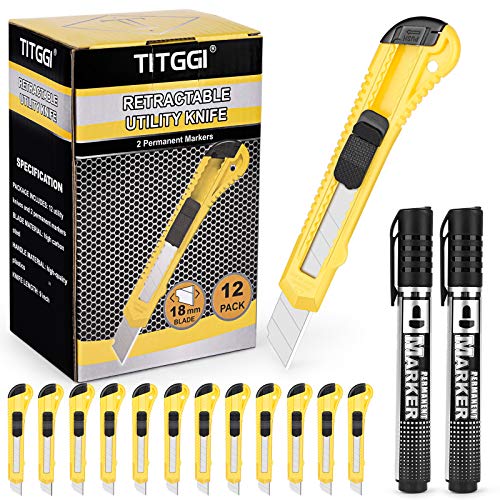 12-Pack Utility Knife, 18mm Wide Blade Retractable Box Cutter for Cartons, Cardboard and Boxes ...