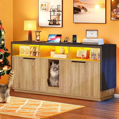 YITAHOME Double Hidden Cat Litter Box Enclosure with Power Outlet & LED ...