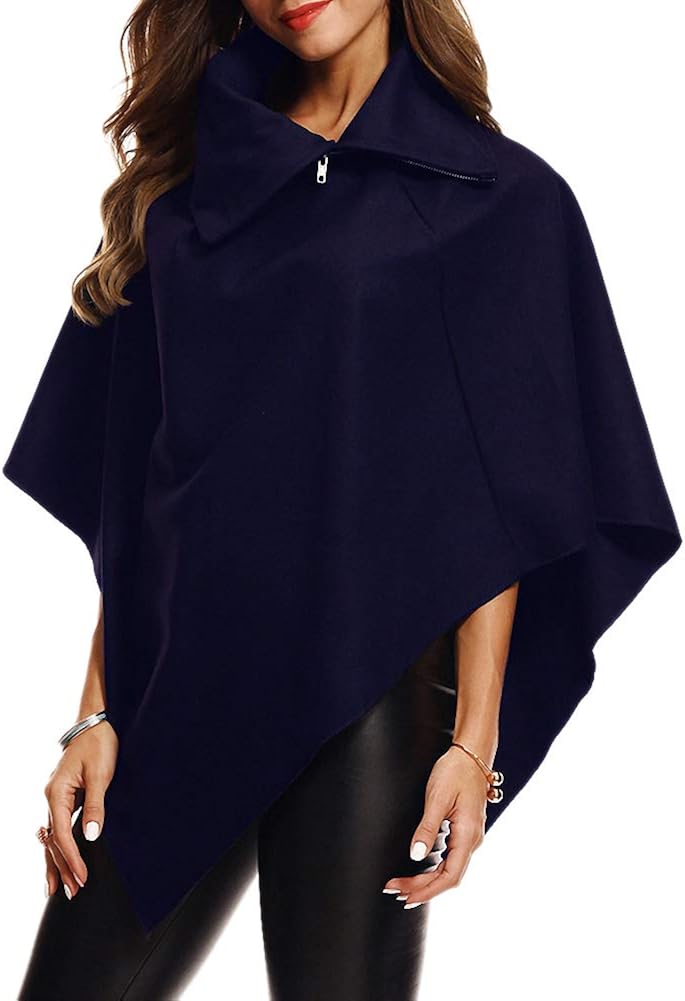 Amazon.com: Afibi Womens Solid Wool Hooded Turn-Down Poncho Jacket ...