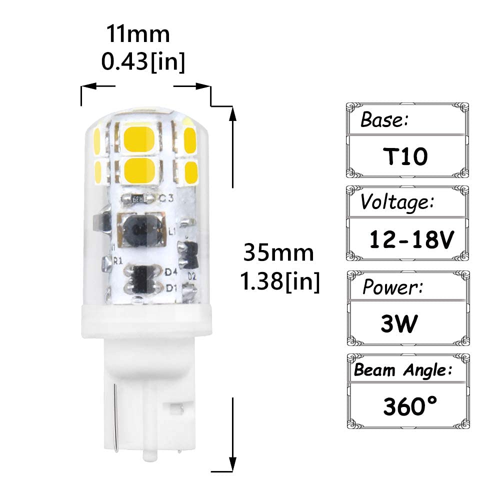 Lustaled 3W T5 T10 LED Wedge Base Light Bulb, 12V AC/DC T10 194 LED Bulb 30W Halogen Replacment ...