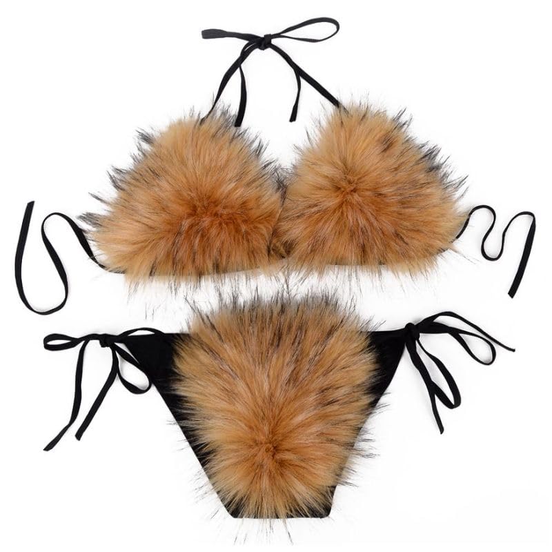 SZ UNKNOWN YLTXZDJNZ Womens Furry Faux Fur Bikini Sets Two Piece Halter ...