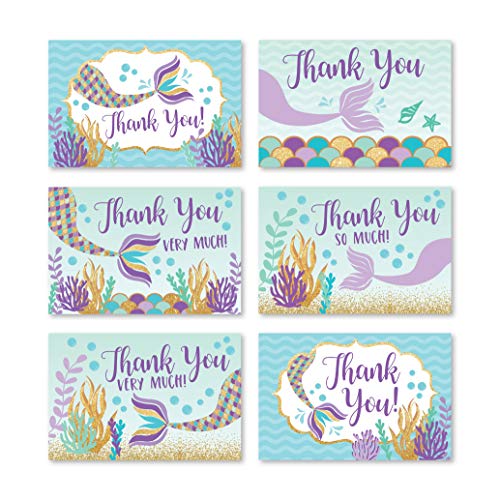 24 Mermaid Thank You Cards Kids Birthday Bulk Thank You Cards With ...