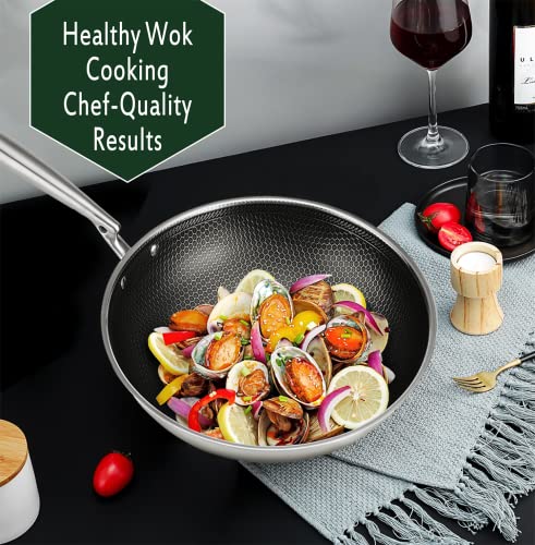 12 inch Stainless Steel Wok with Lid, Honeycomb Wok, Nonstick Frying ...