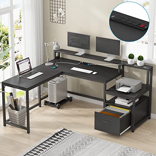 SEDETA L Shaped Desk, 66" Computer Desk with File Drawer & Power Outlet ...