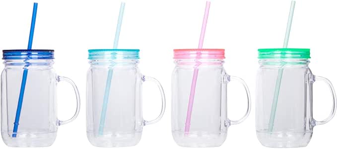 Amazon.com: Zephyr Goods Plastic Mason Jars with Handles, Lids and Straws | 20 oz Double ...