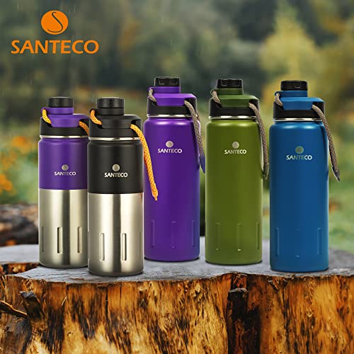 Insulated Water Bottles 24 oz, Santeco Stainless Steel Thermos with Lanyard & Wide Mouth Spout ...