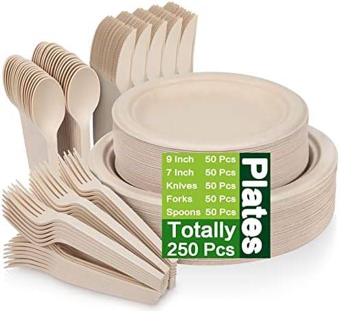 سعر 250 Piece Compostable Paper Plates Set with Extra Long Utensils ...
