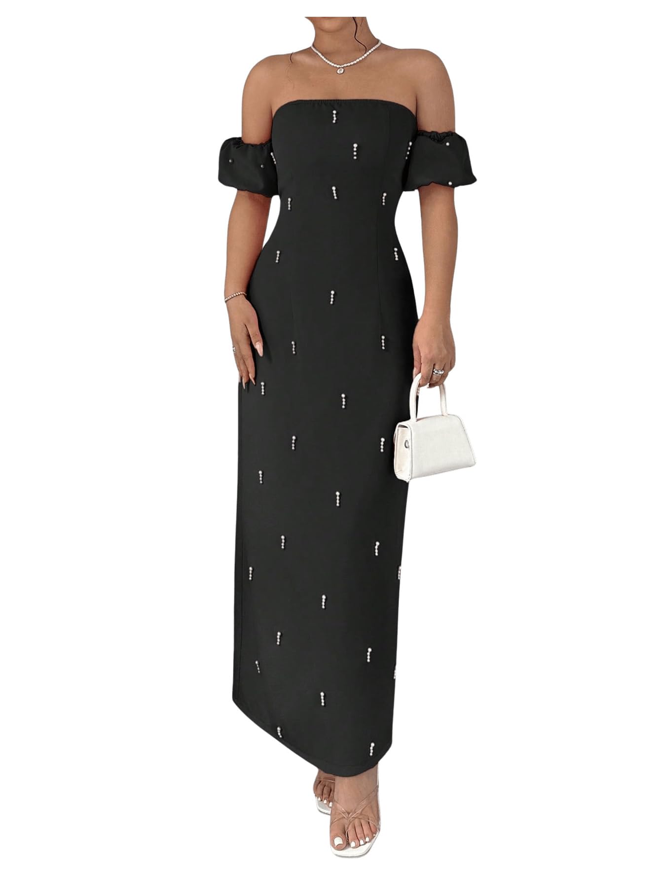 Floerns Women's Pearl Beaded Off Shoulder Dress Puff Sleeve Elegant ...