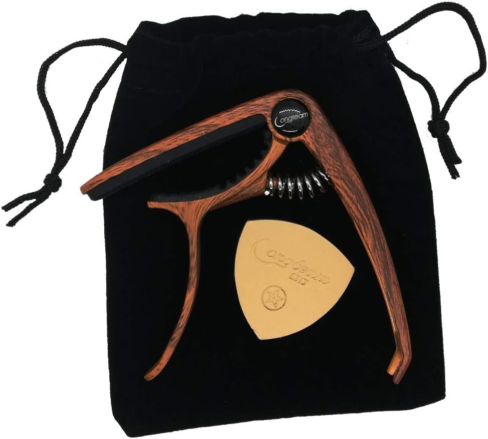 Capo Set with Leather Plectrum and Velvet Pouch in Wood Effect for ...