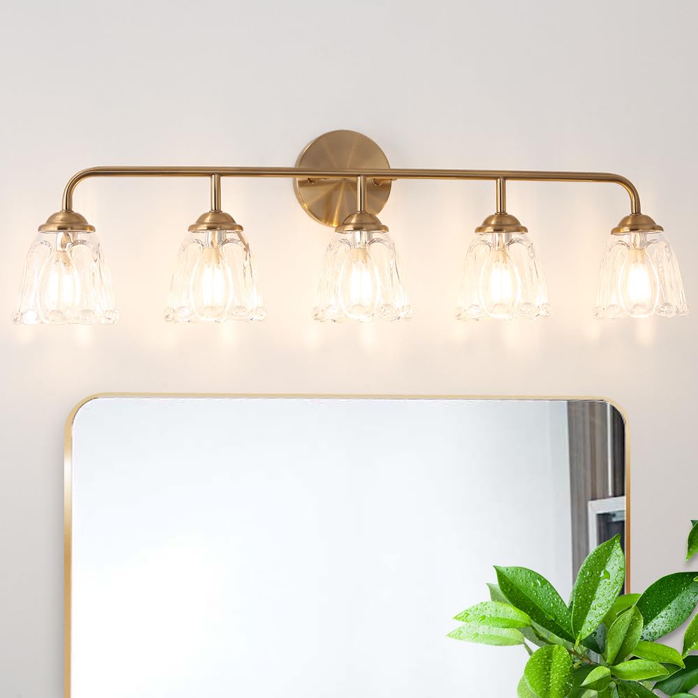 5-Light Vintage Vanity Light, Brushed Brass Vanity Lights for Bathroom ...