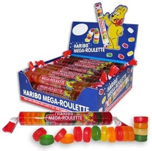 Amazon.com : Haribo Mega-Roulette Gummi Candy 24ct CASE (1.5oz Rolls ...