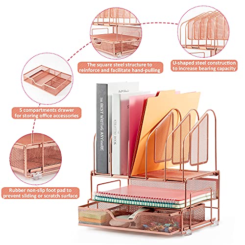 Beiz Rose Gold Desk Organizer with Storage Drawer, 2 Paper Tray & 5 ...