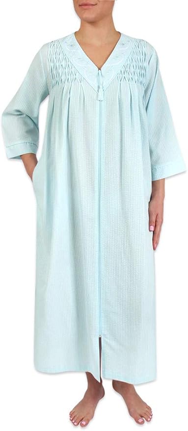 Miss Elaine Women's Long Seersucker Zipper Robe, with 3/4 Sleeves, and ...