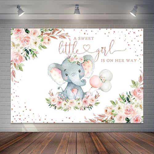 Joliaco 7x5ft Girl Elephant Baby Shower Backdrop Pink Watercolor Floral ...
