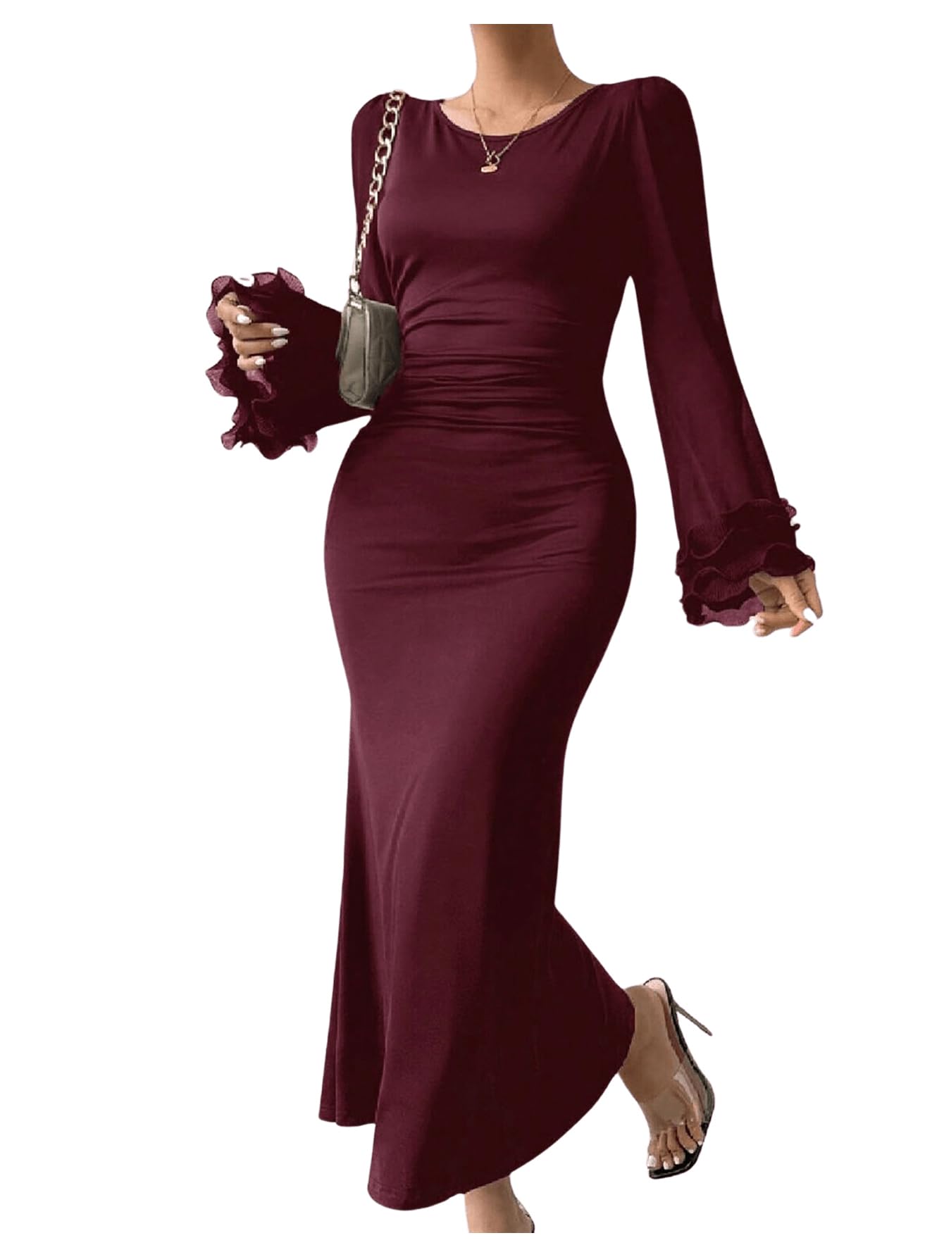 GORGLITTER Women's Ruched Bodycon Maxi Dress Bell Sleeve Fishtail Hem ...