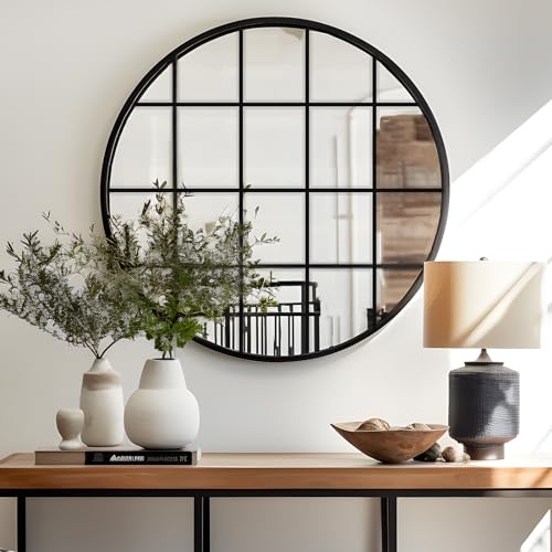 G-LEAF 42 inch Round Grid Wall Mirror, Black Metal Frame Round Window ...