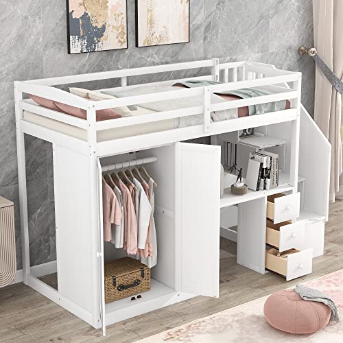 SOFTSEA Twin Loft Bed with Wardrobe and Staircase Kids Loft Bed with ...