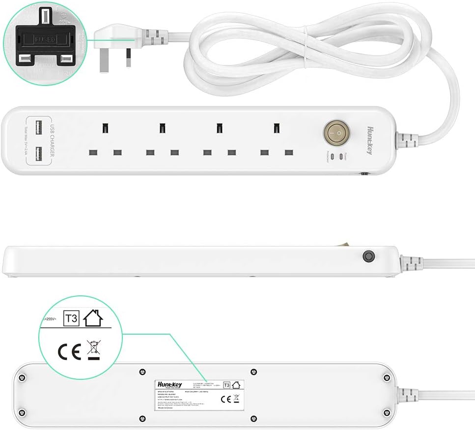 HUNTKEY Extension Lead with USB Ports Surge Protection Power Strip ...