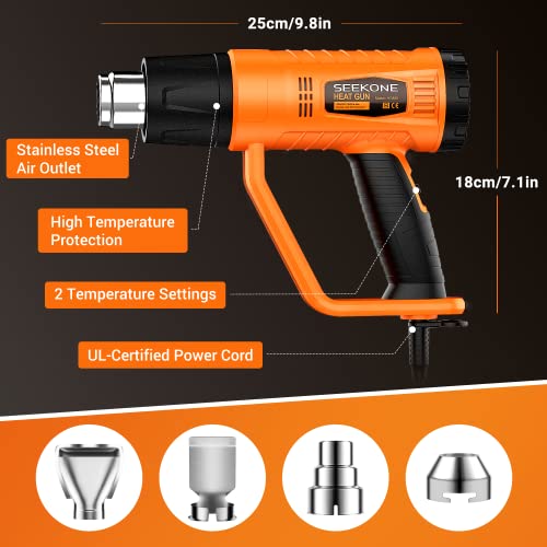 SEEKONE Heat Gun 1800W Heavy Duty Fast Heat Hot Air Gun Kit with 752℉&1112℉（400℃-600℃） Dual ...