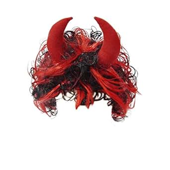 Amazon.com: SeasonsTrading Red & Black Devil Wig with Horns - Halloween ...