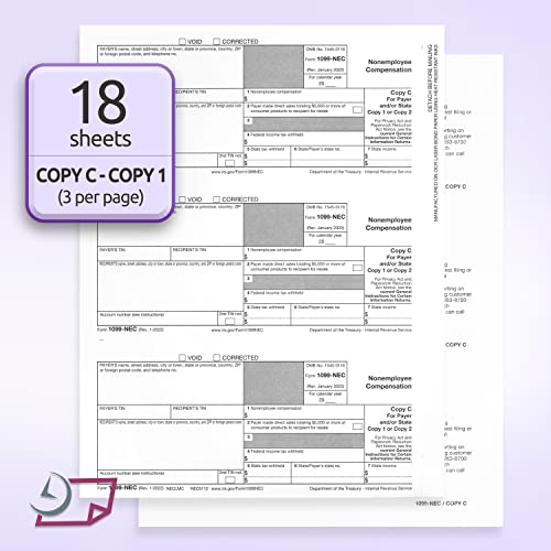 "New" 1099-NEC Forms for 2022, 4-Part Tax Forms, Vendor Kit of 25 Laser Forms and 25 Self-Seal ...