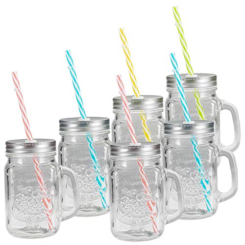Tosnail 6 Pack 16 Oz. Mason Jar Mugs with Handle, Tin Lid and Plastic Straws - Old Fashion ...