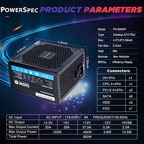 PowerSpec 500W Power Supply 80 Plus Certified Fixed Cable Non-Modular ...