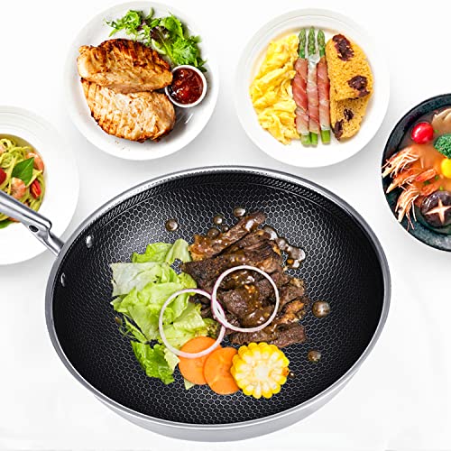 12 inch Stainless Steel Wok with Lid, Honeycomb Wok, Nonstick Frying ...