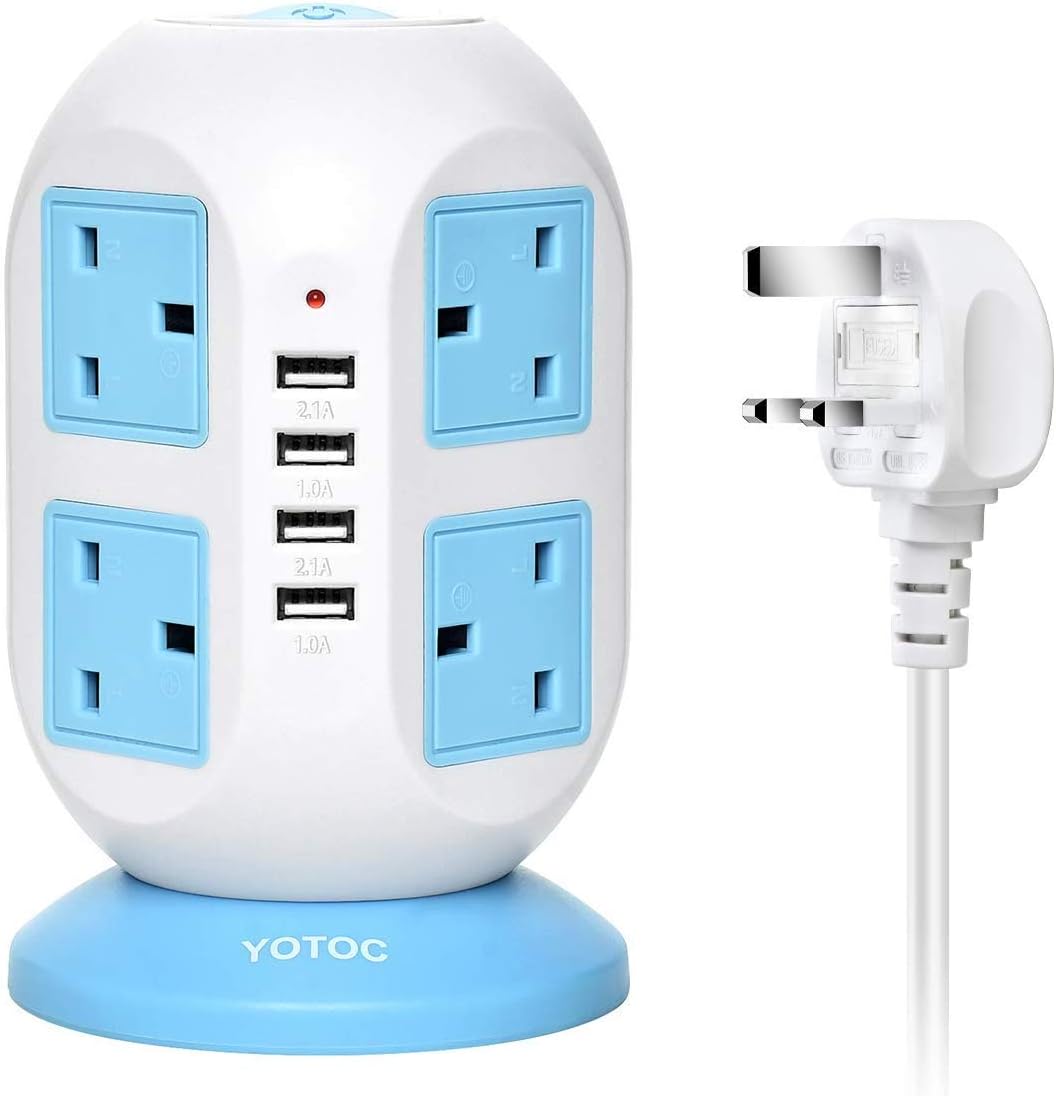 Extension Lead,YOTOC 8 Way Outlet Surge Protector Multi Plug Tower ...