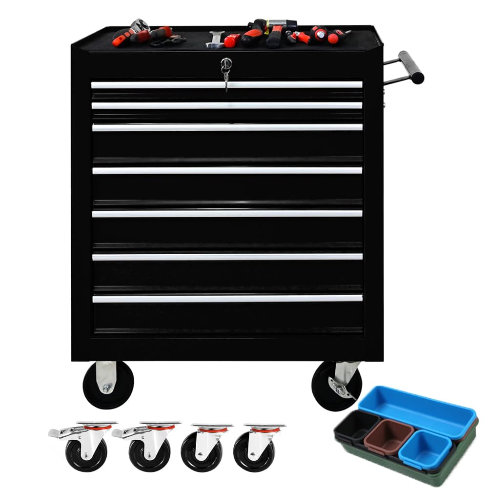 7 Drawer Tool Chest with Wheels,Metal Locking Black Rolling Tool Box ...