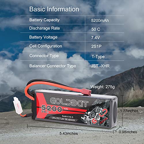 GOLDBAT LiPo Battery Pack Hard Case 5200mAh 2S 7.4V 50C RC Battery for RC Vehicle Hobby Models ...