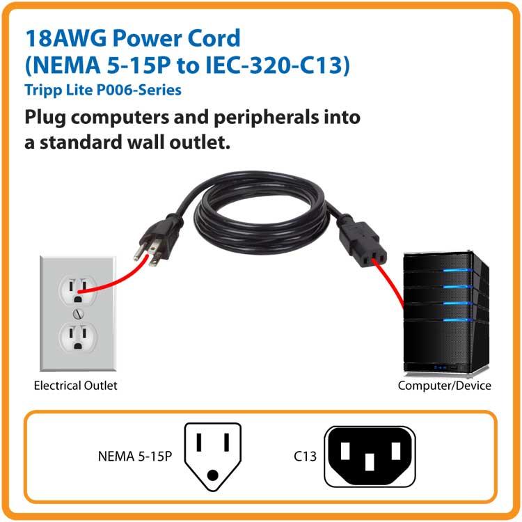 Tripp Lite P006-006-2 6-Feet AC Power Splitter Cable NEMA 5-15P to 2 x ...