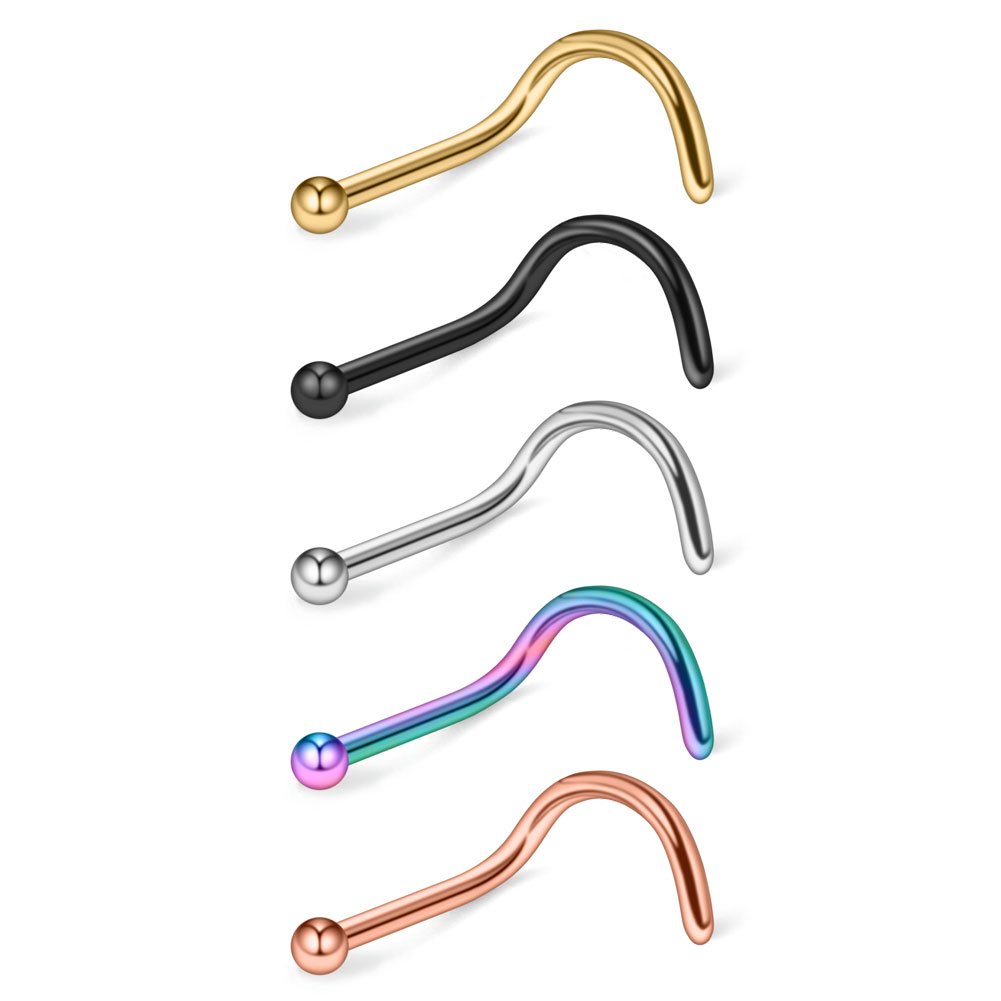 Wood Beads 5PCS Surgical Steel Curved Nose Stud Rings - L Shaped 18G 6 ...