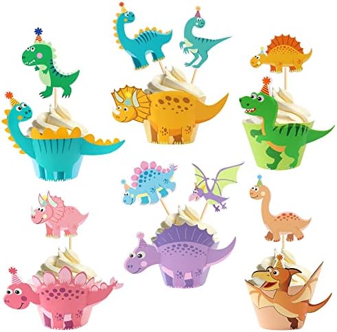 Ercadio 48 Pack Assorted Dinosaur Cupcake Toppers & Wrappers - Birthday ...