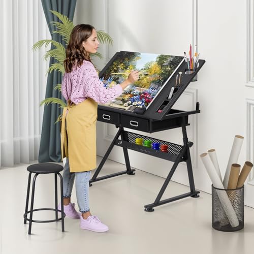 ZENY Adjustable Drafting Table With Stool, Tilting Drawing Desk Artist ...
