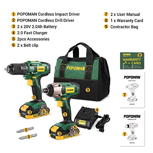 POPOMAN Drill Combo Kit, 20V 1600In-lbs Impact Driver, 398ln-lbs ...