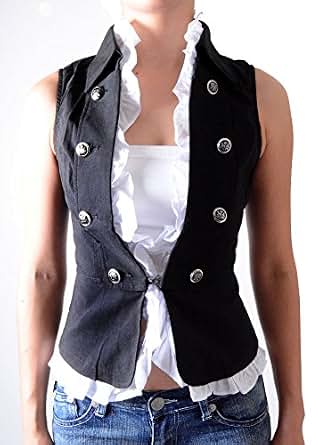 Women's Black Fitted Ruffle Steampunk Waistcoat Military Vest Shirt Top ...