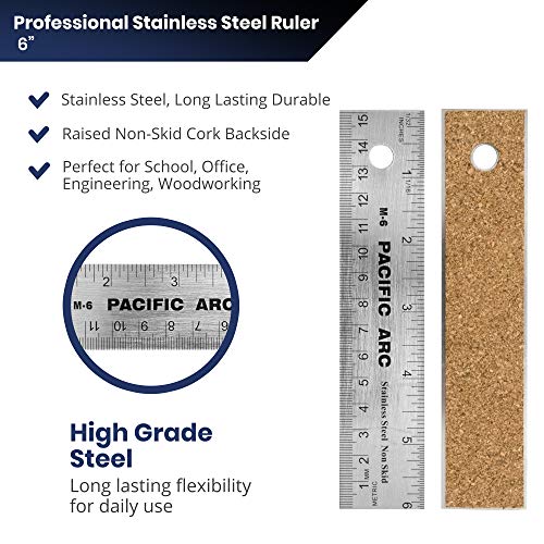 Pacific Arc Stainless Steel 6 Inch Metal Ruler Non-Slip Cork Back, with ...