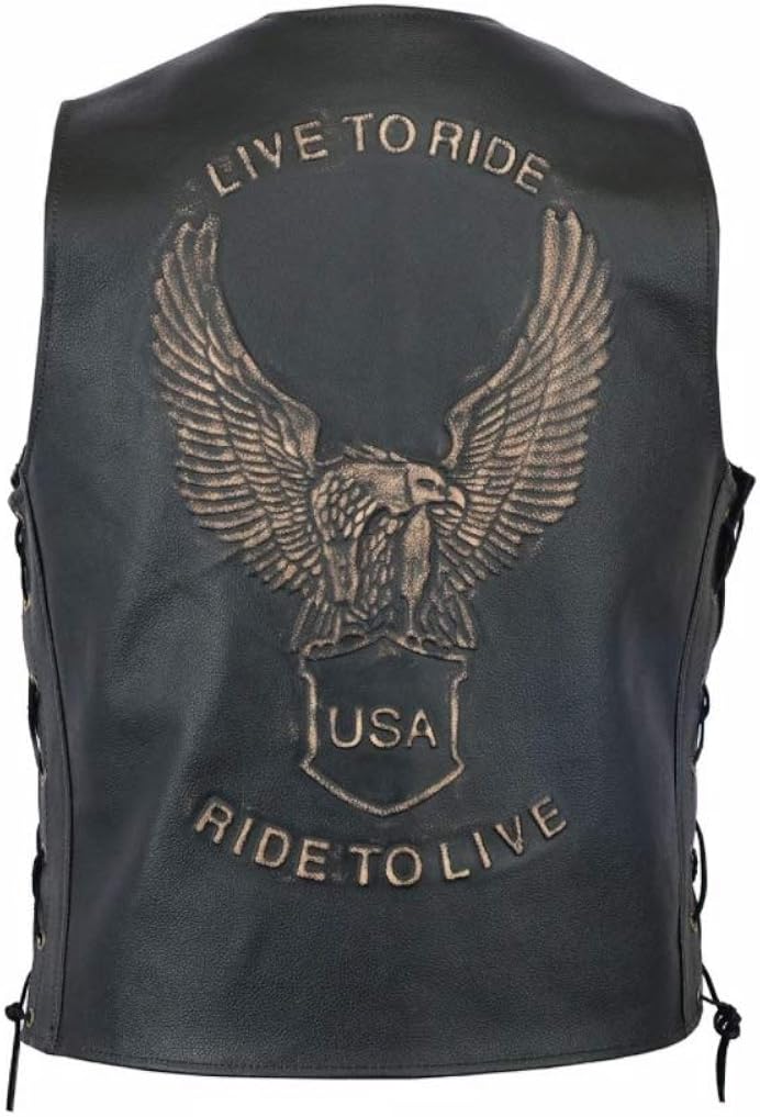OUTLAW LEATHERS Biker Leather Vest with Eagle Embossing Cowhide Leather ...